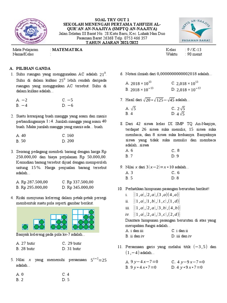 Soal Try Out Kelas 9 Tp. 2022 Revisi | PDF