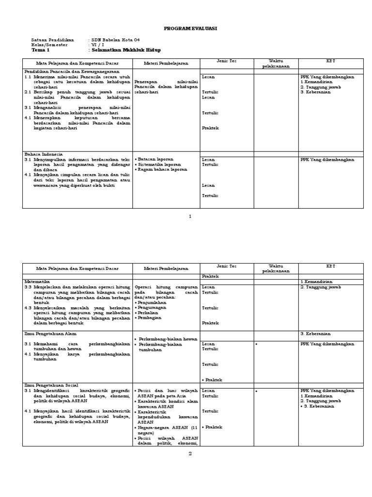 Program Evaluasi Kelas VI | PDF