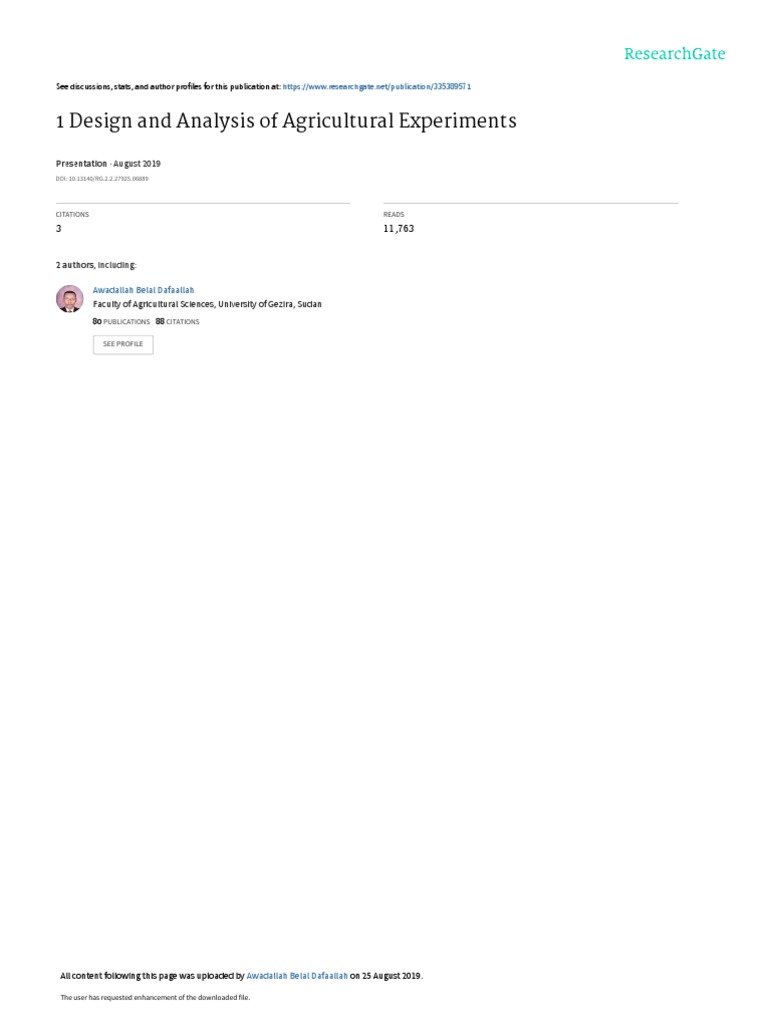 1 Design and Analysis of Agricultural Experiments | PDF | Experiment ...