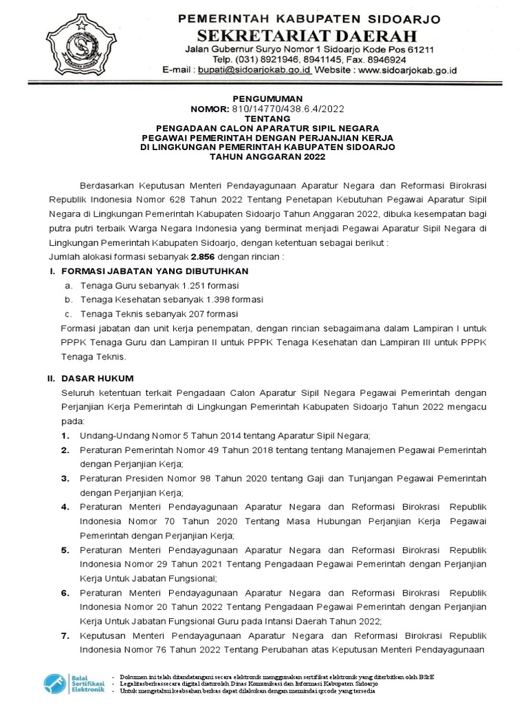 Pengumuman PPPK Kab Sidoarjo 2022 Upload | PDF