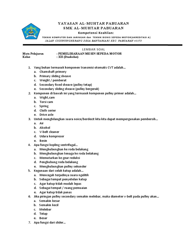 Soal TBSM 12 | PDF | Teknologi & Rekayasa