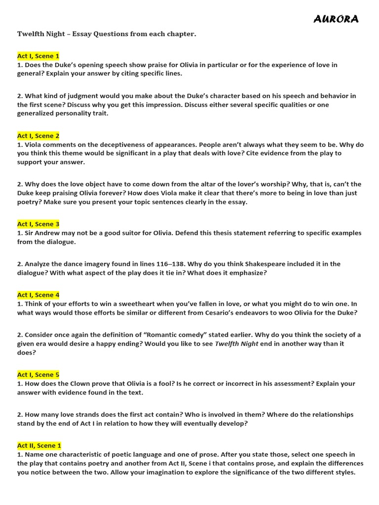 Twelfth Night: Chapter Essay Questions | PDF | Twelfth Night