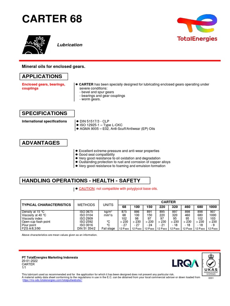 TDS - Total - Carter 68 - Wyh - 202201 - en - Idn | PDF | Lubricant | Gear