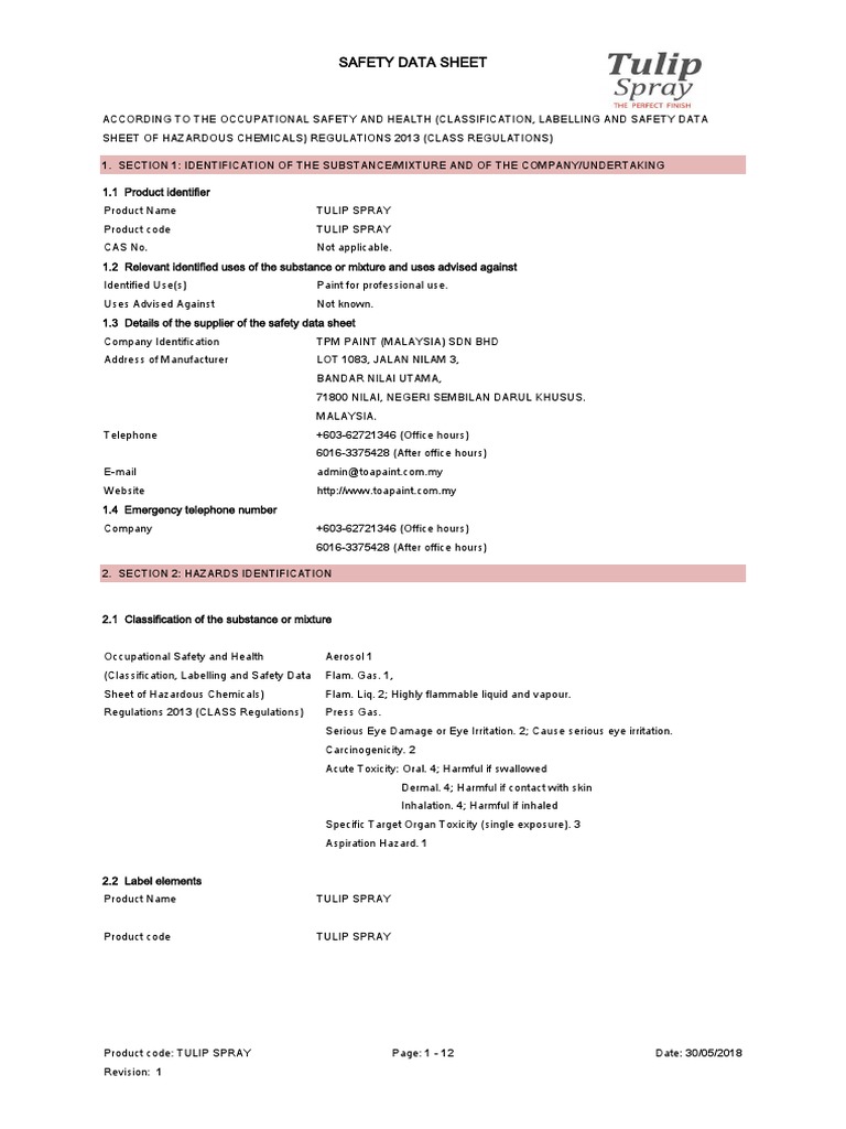 SDS-Tulip Spray (EN) | PDF | Toxicity | Personal Protective Equipment