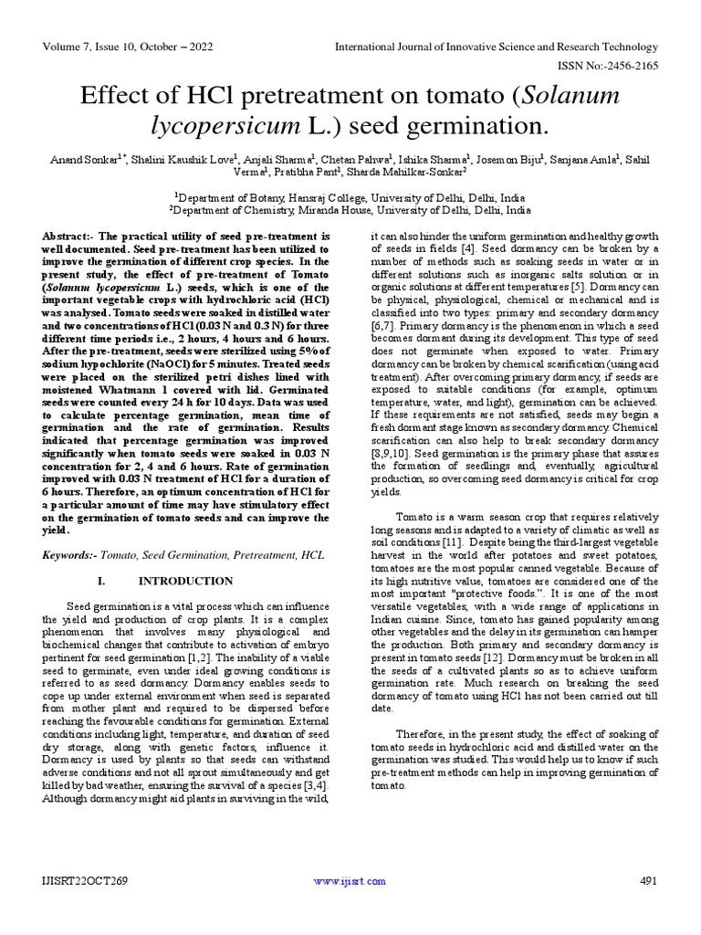 Effect of HCL Pretreatment On Tomato (Solanum Lycopersicum L.) Seed Germination | PDF | Seed ...