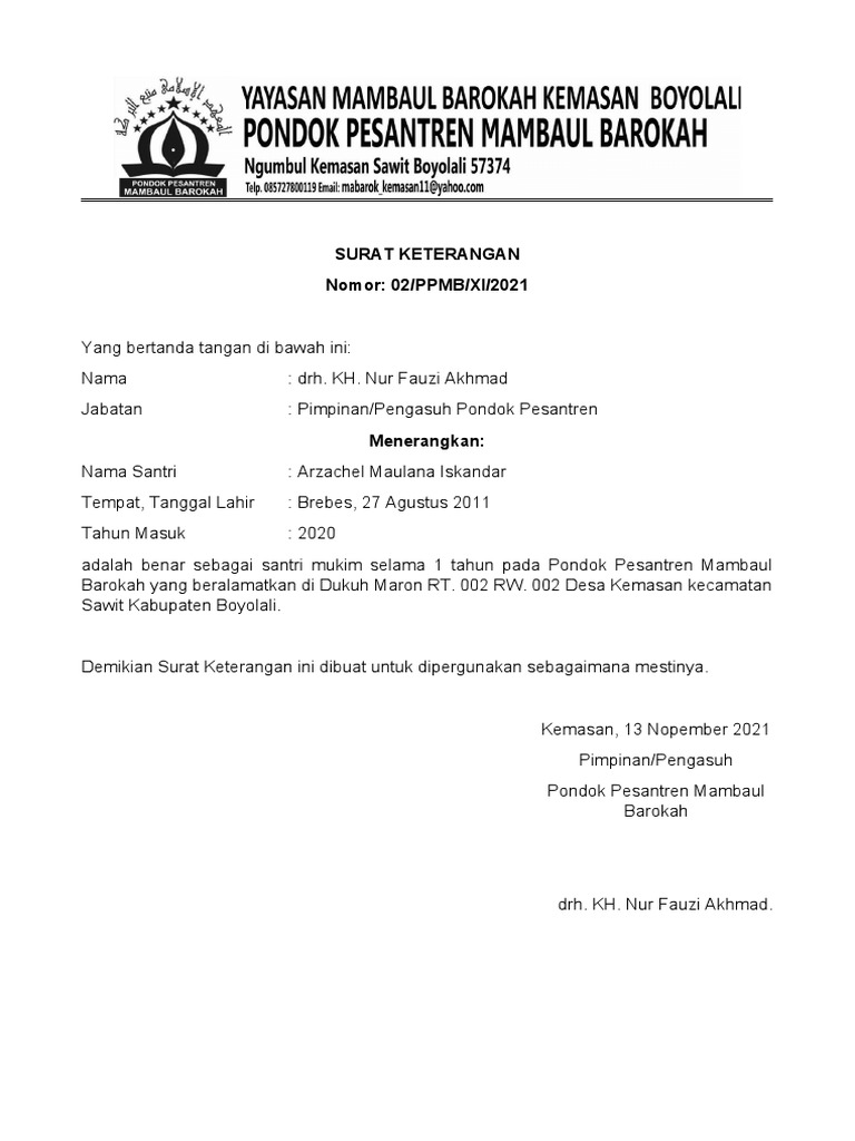 Surat Keterangan Santri Mukim Dari Pondok Pesantren Untuk Santri | PDF