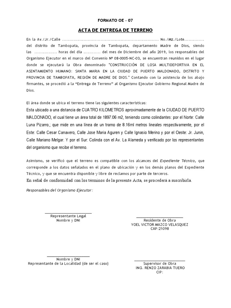Acta de Entrega de Terreno (Formato - Oe-07) | PDF