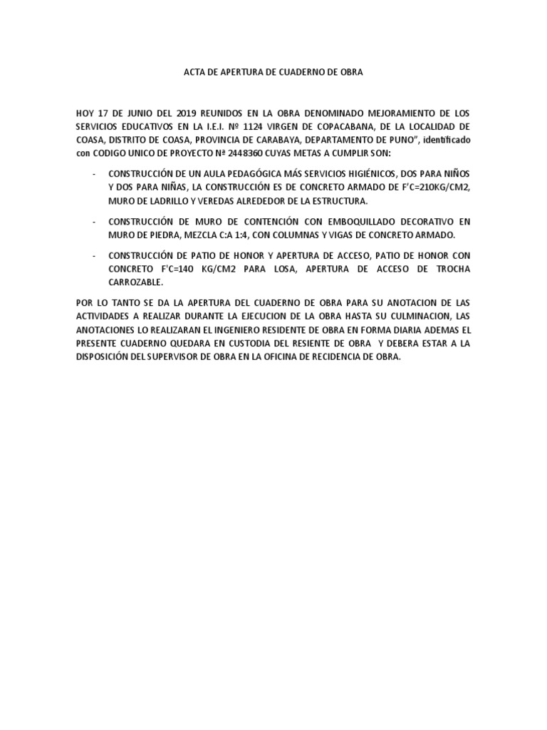 Acta de Apertura de Cuaderno de Obra | PDF