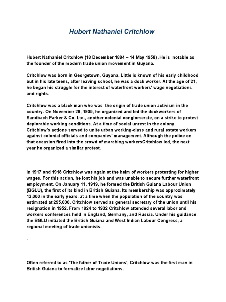 Hubert Nathaniel Critchlow | PDF | Trade Union | Economies