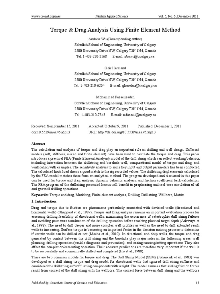 Torque Drag Analysis Using Finite Element Method | PDF | Finite Element Method | Rotation Around ...