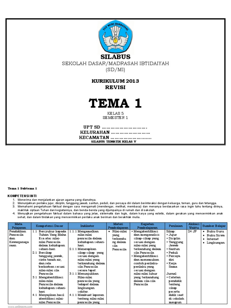 Silabus K13 Kelas 5 Tema 1 | PDF