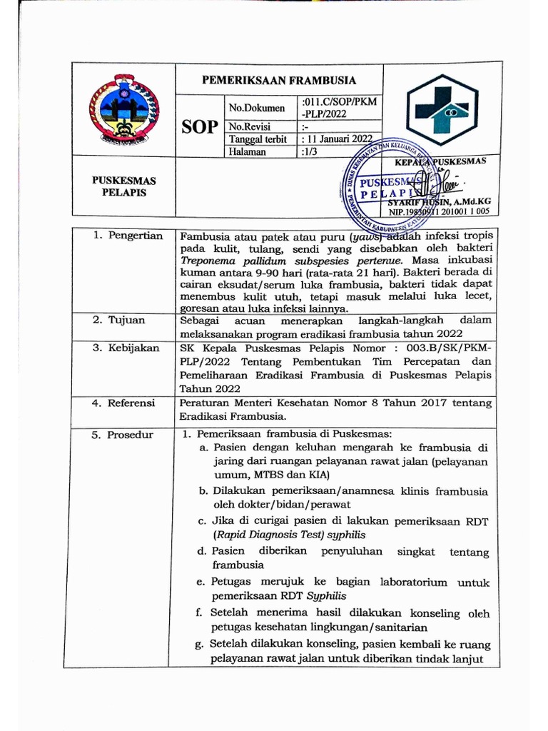 Sop Pemeriksaan Frambusia Puskesmas Pelapis | PDF