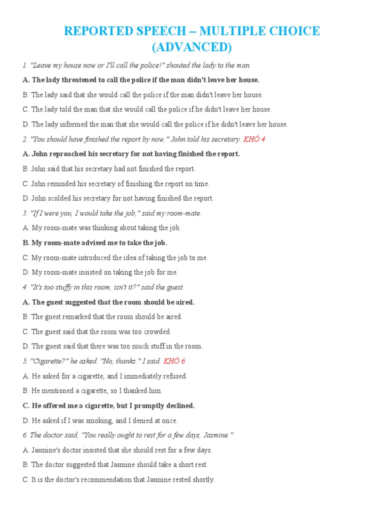 Reported Speech Multiple Choice | PDF Reported Speech Multiple Choice | PDF