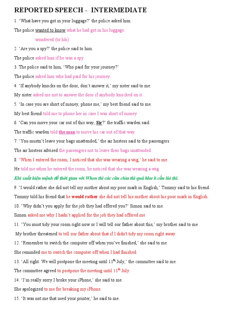 Intermediate Reported Speech Examples | PDF