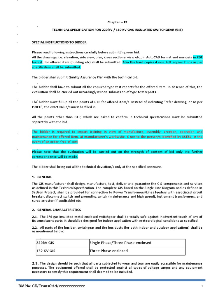 Volume II Technical Specification - Chapter 19 - GIS - R0 | PDF | Insulator (Electricity) | Switch