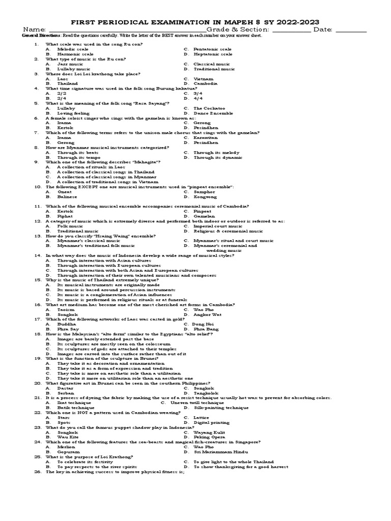 First Periodical Examination in Mapeh 8 Sy 2022 | Download Free PDF ...