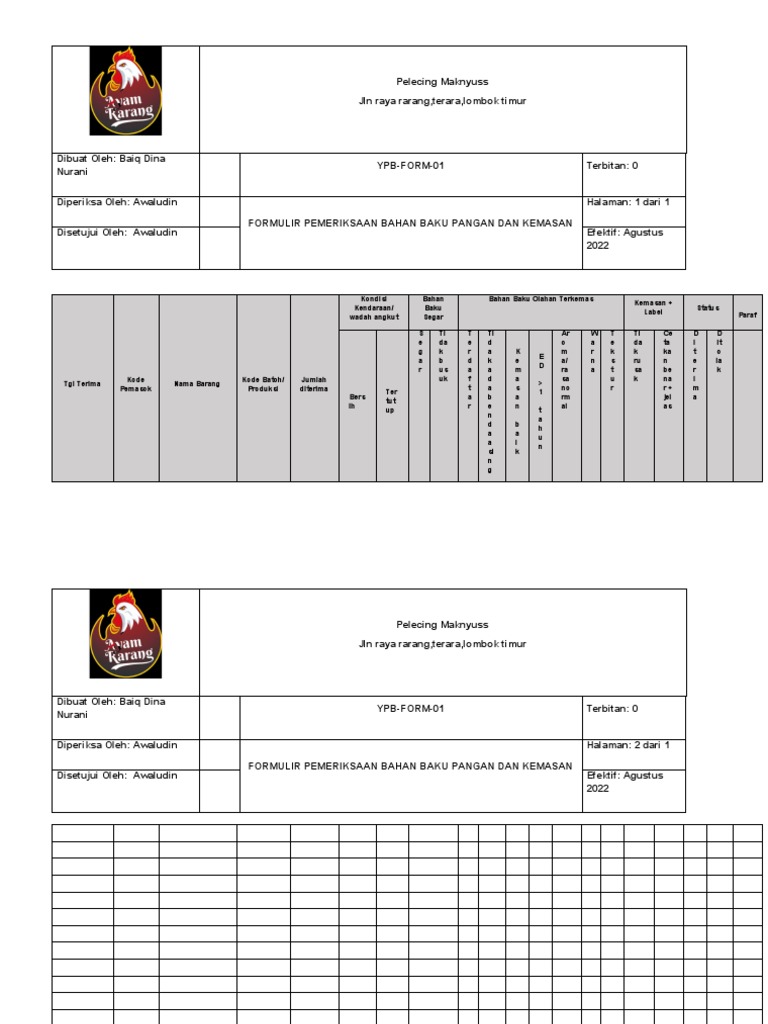 Formulir Pemeriksaan Bahan Baku | PDF
