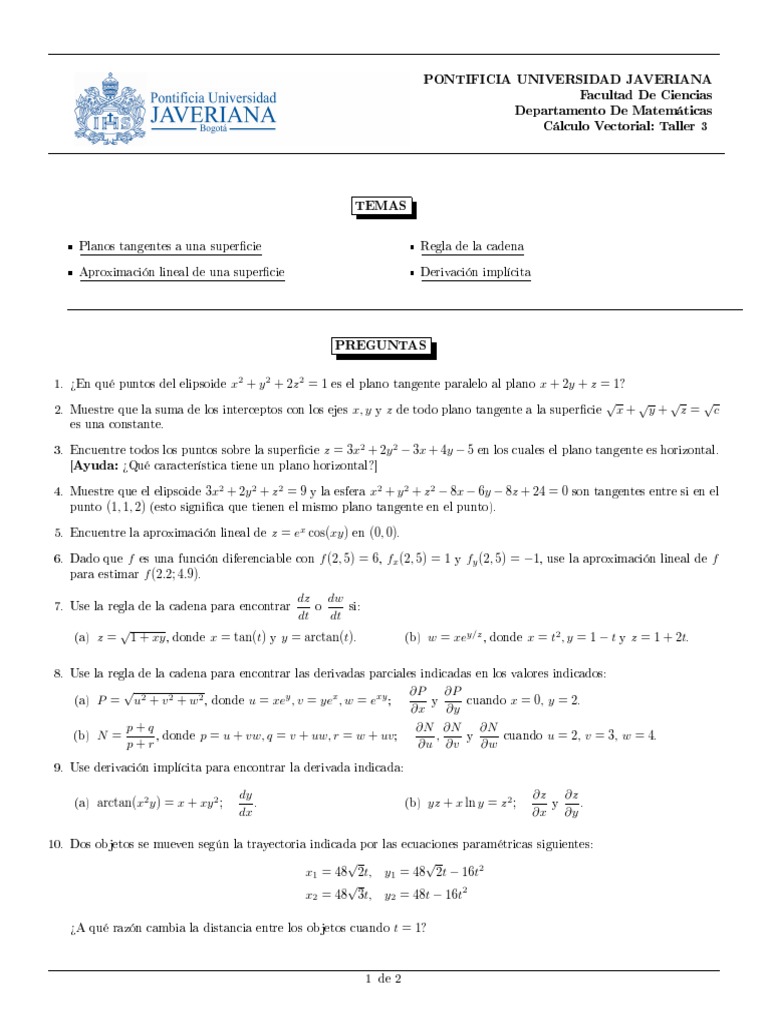 Taller 3 - Funciones Escalares - Plano Tangente - Regla de La Cadena | PDF | Cálculo ...