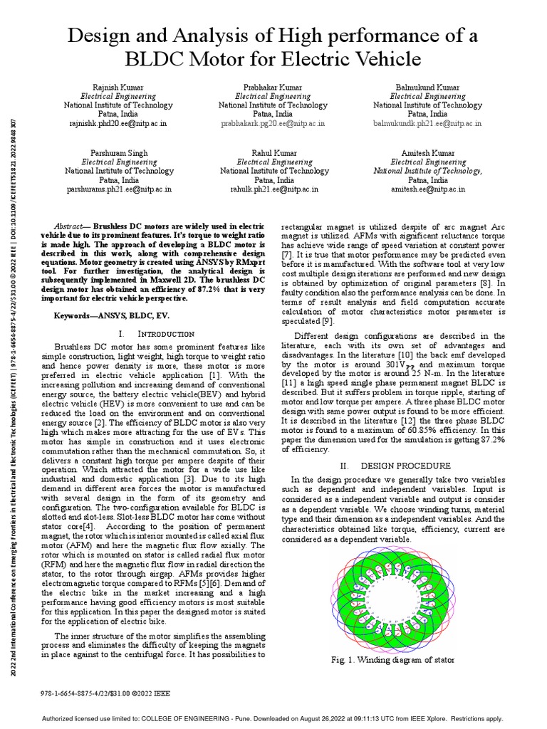 Design and Analysis of High Performance of A BLDC Motor For Electric Vehicle | PDF | Electric ...