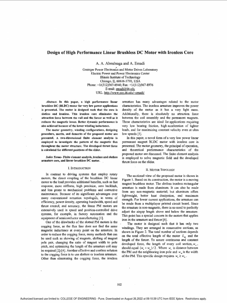 Design of High Performance Linear Brushless DC Motor With Ironless Core ...
