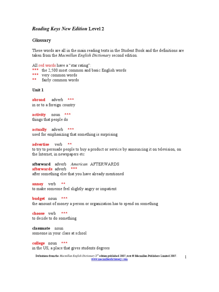 Glossary: Reading Keys New Edition Level 2 | PDF | Noun | Adjective