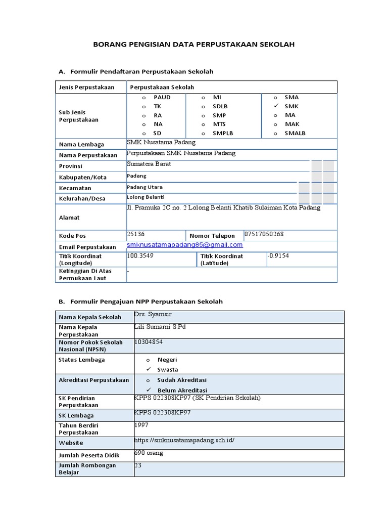 Borang Pengisian Data Perpustakaan Sekolah | PDF Borang Pengisian Data Perpustakaan Sekolah | PDF