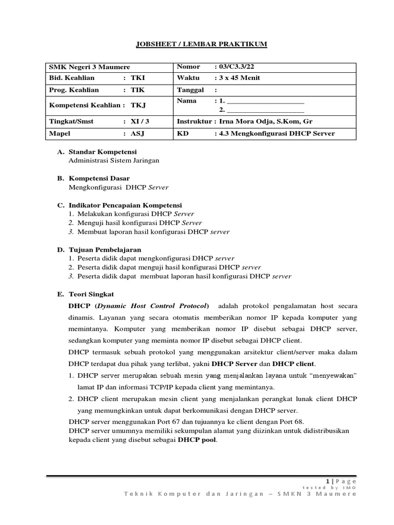 Jobsheet KD 4.3 Mengkonfgurasi DHCP Server | PDF