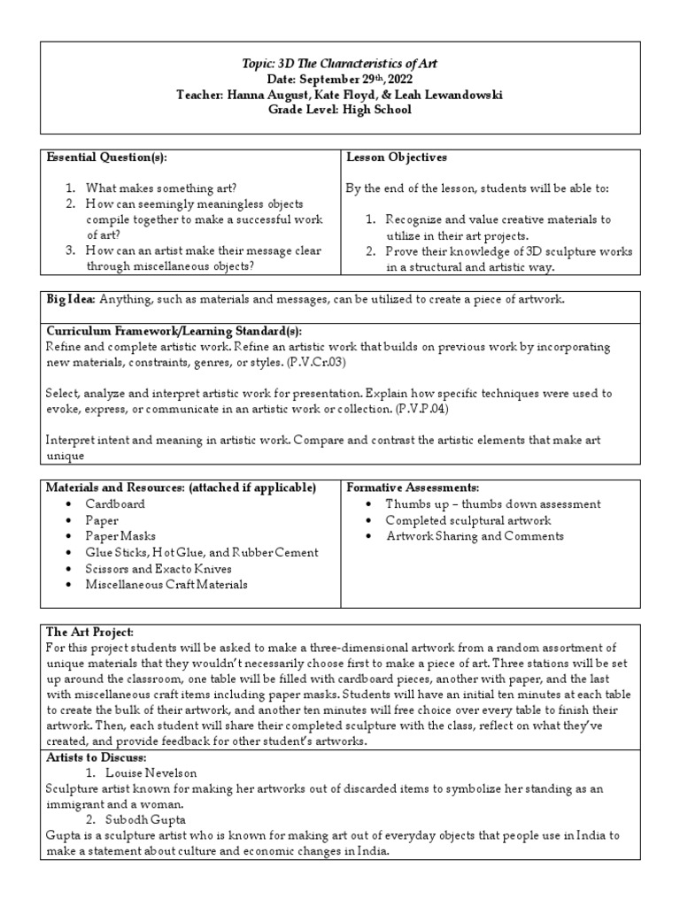 3D Sculpture Lesson Plan for High School | PDF | Communication | Cognition