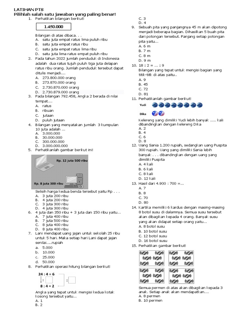 Latihan PTS 1 Mat KLS 4 | PDF