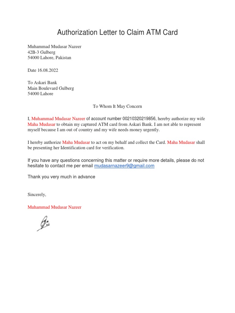 Authorization Letter To Claim ATM Card | PDF