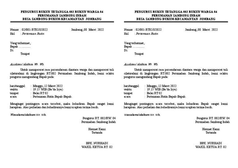 Surat Undangan Rapat RT (2022-03-12) | PDF