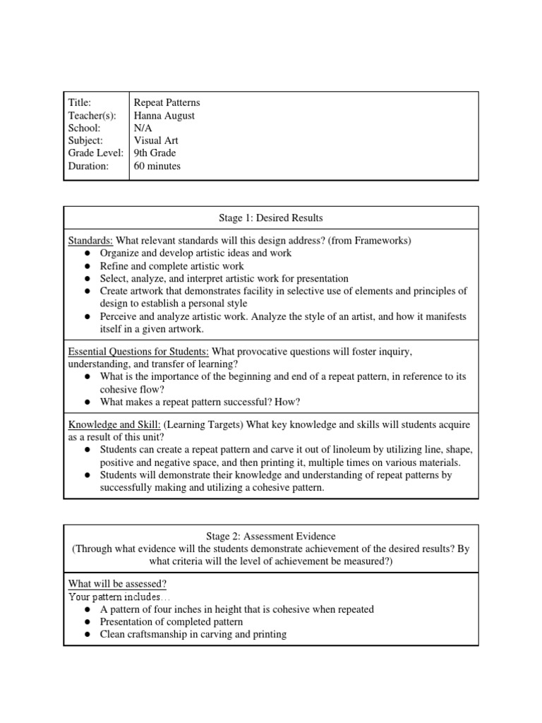 Repeat Patterns Lesson Plan - August | PDF | Learning | Lesson Plan