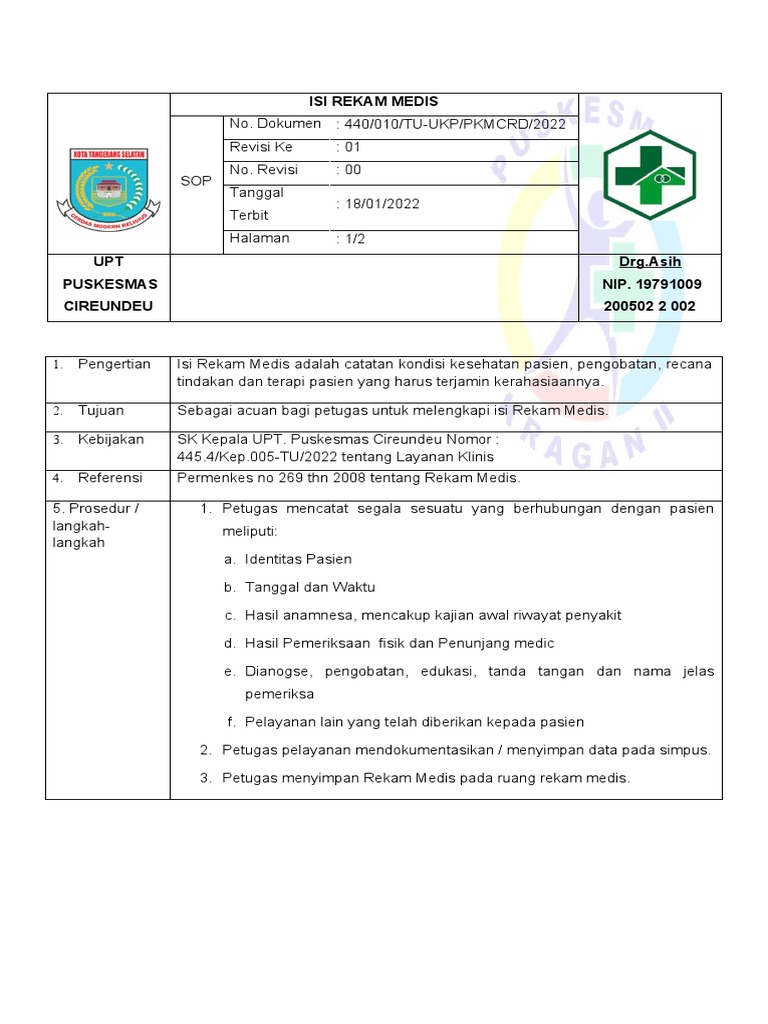 010.sop Revisi Lagi Isi Rekam Medis | PDF