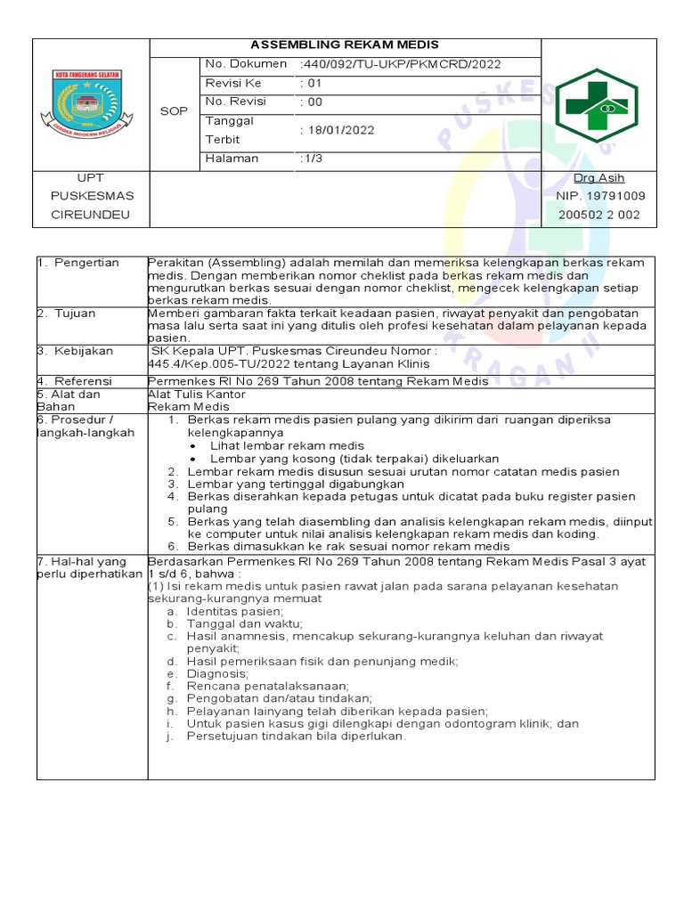 092.sop Revisi Lagi Assembling Rekam Medis | PDF