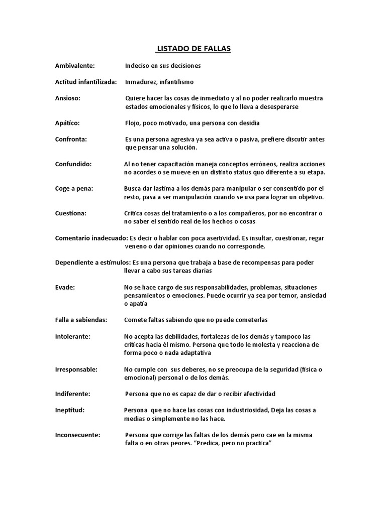 Listado de Fallas | Descargar gratis PDF | Las emociones | Comportamiento