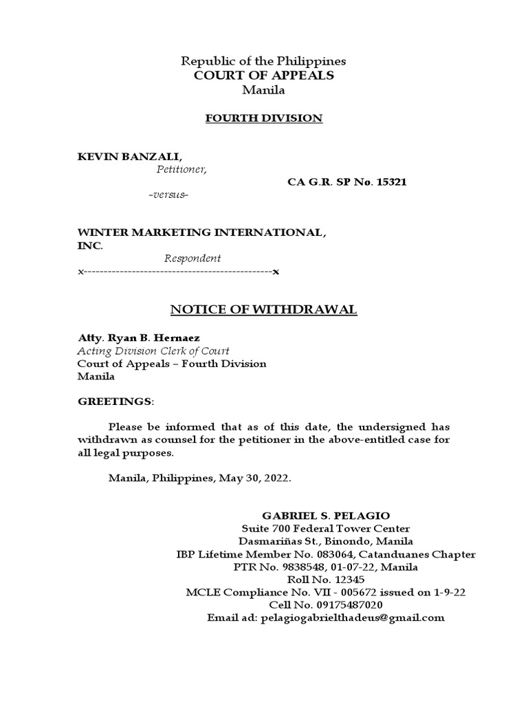 Attorney Withdrawal Notice in Appeal | PDF