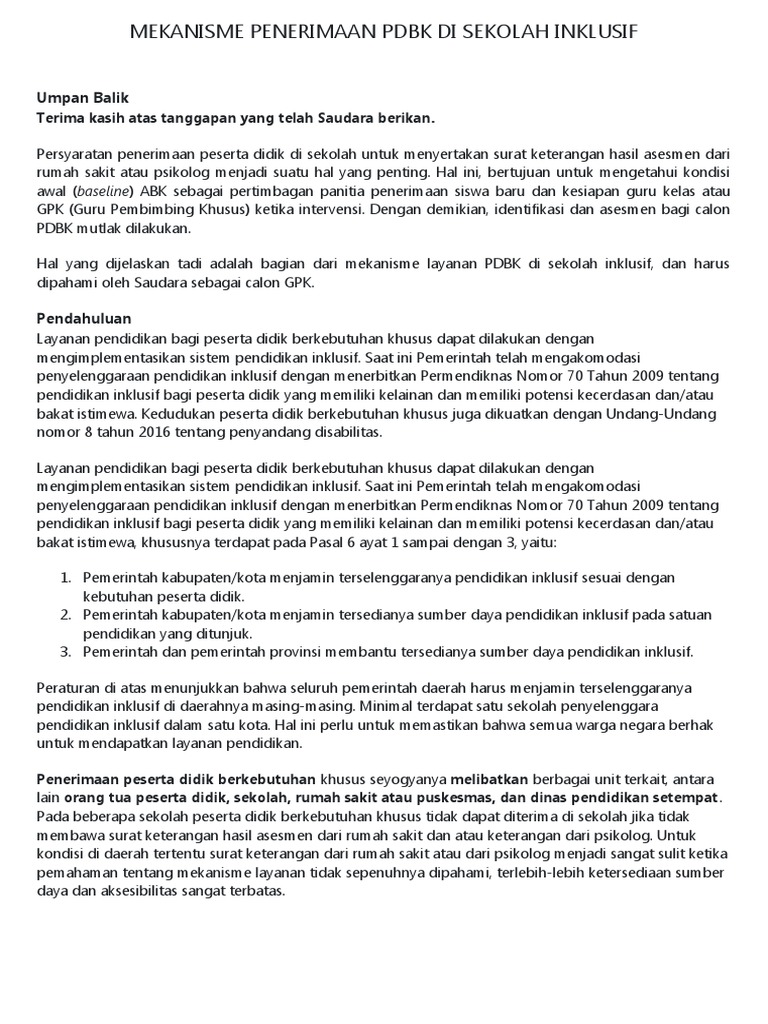 Mekanisme Penerimaan PDBK Di Sekolah Inklusif | PDF | Karier ...