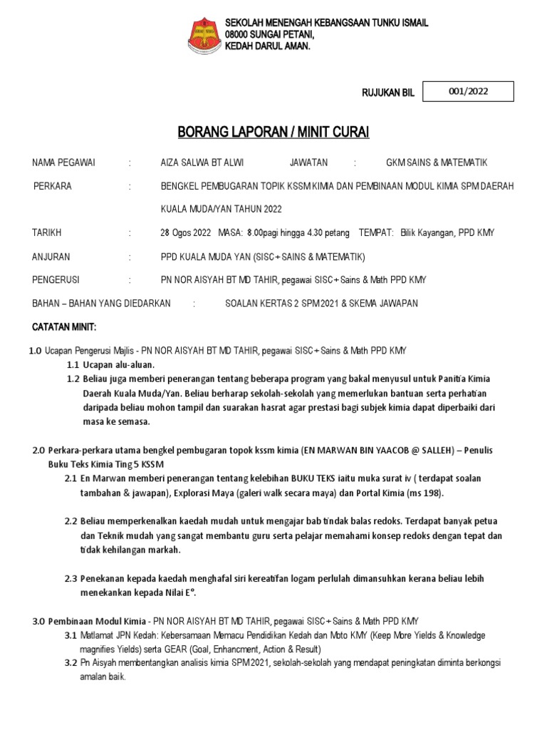 Borang Minit Curai 2022 | PDF