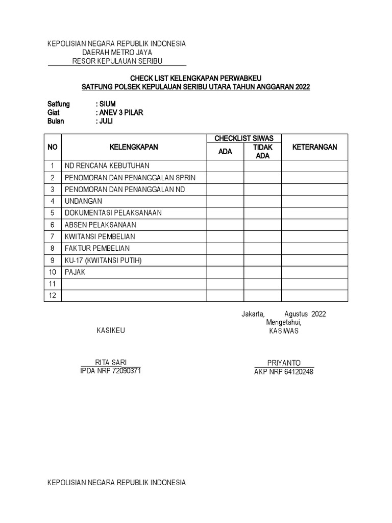 Ceklist Perwabku | PDF