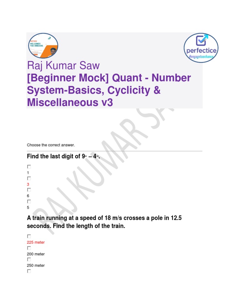 Beginner Mock Quant Number System Basics, Cyclicity & Miscellaneous ...