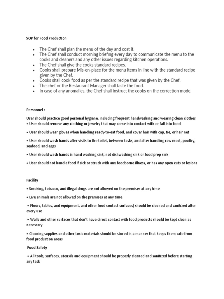 SOP For Food Production | PDF | Chef | Foods