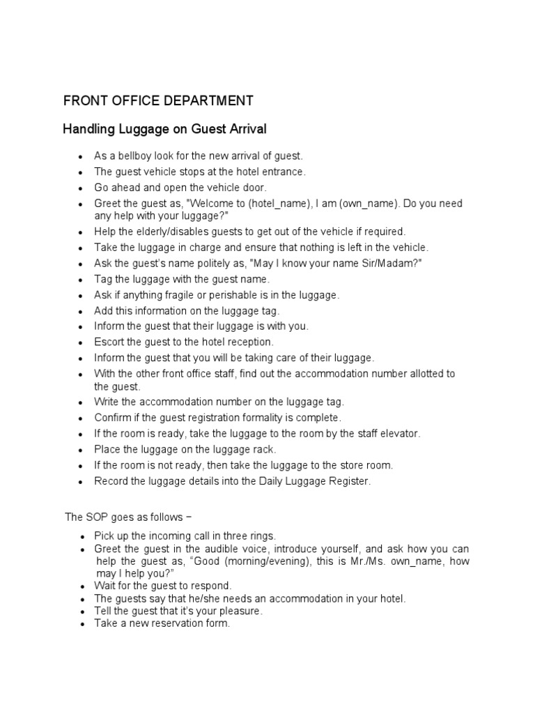 Sop For Front Office Department | PDF