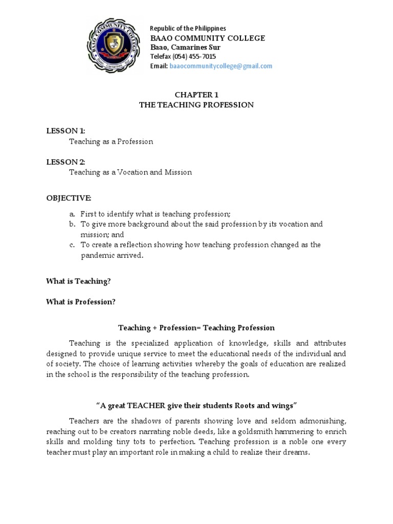 Chapter 1 The Teaching Profession | PDF | Teachers | Philosophy Of ...