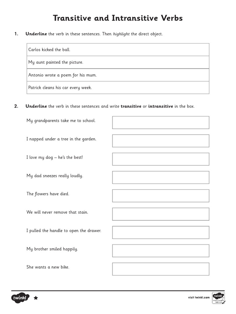 T2 E 1540 Worksheet Transitive and Intransitive Verbs - Ver - 1 | PDF ...