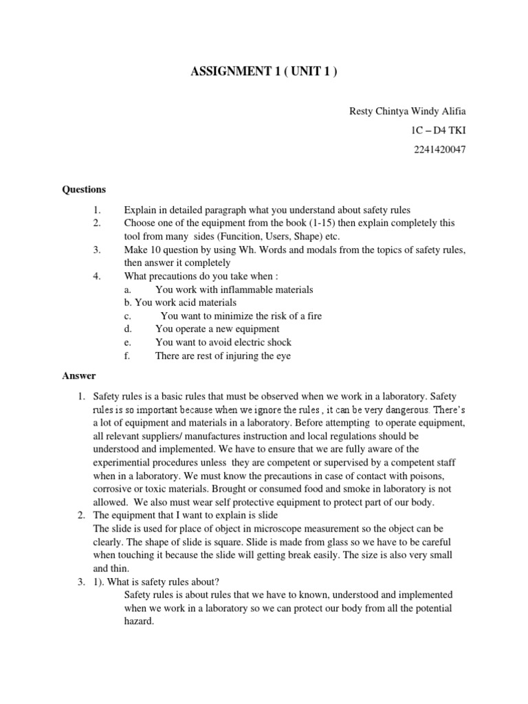 1C - D4TKI - Resty Chintya - 2241420070 - ASSIGNMENT 1 (UNIT 1) | PDF | Laboratories | Safety