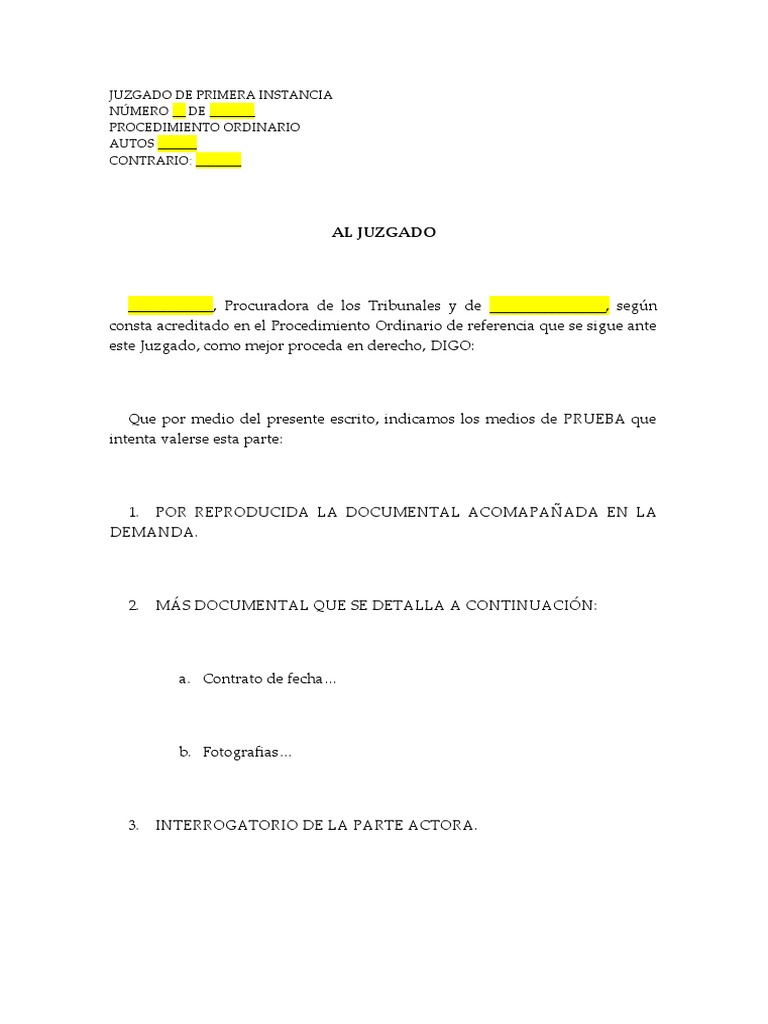 Modelo Nota de Prueba Audiencia Previa Juicio Ordinario | PDF