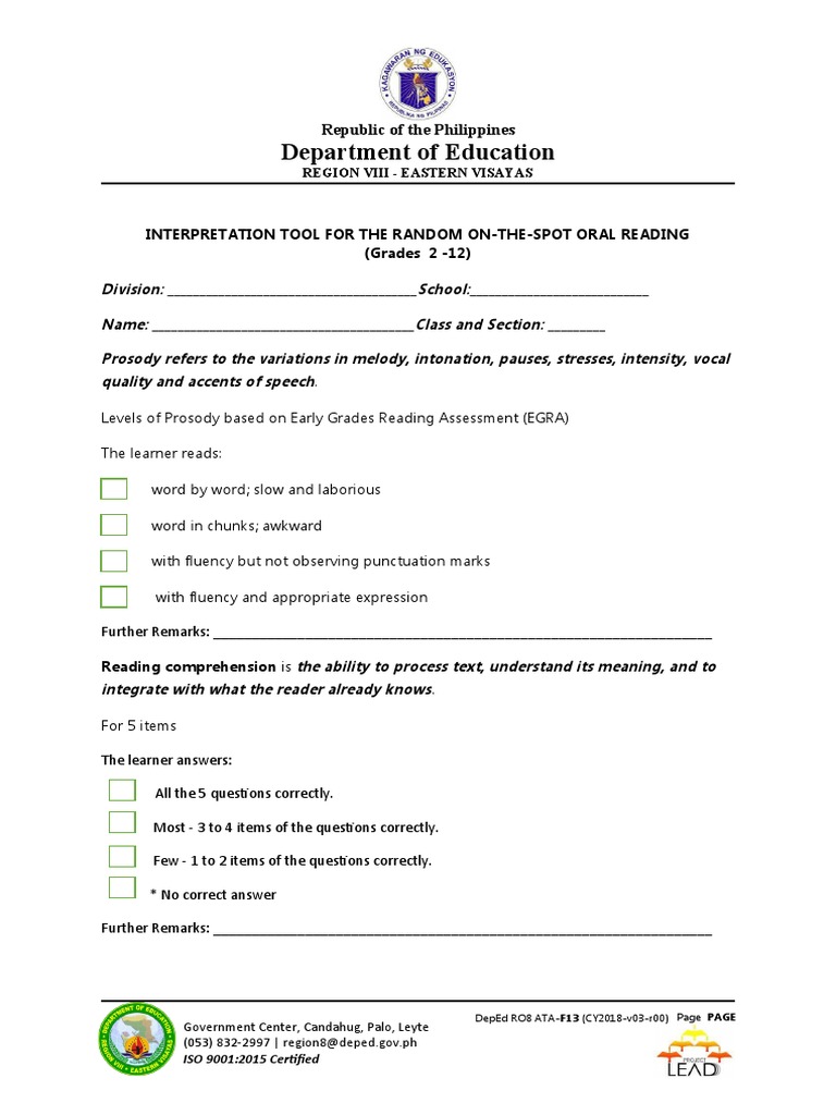 Oral Reading Assessment Tool for Grades 2-12 | PDF | Communication ...