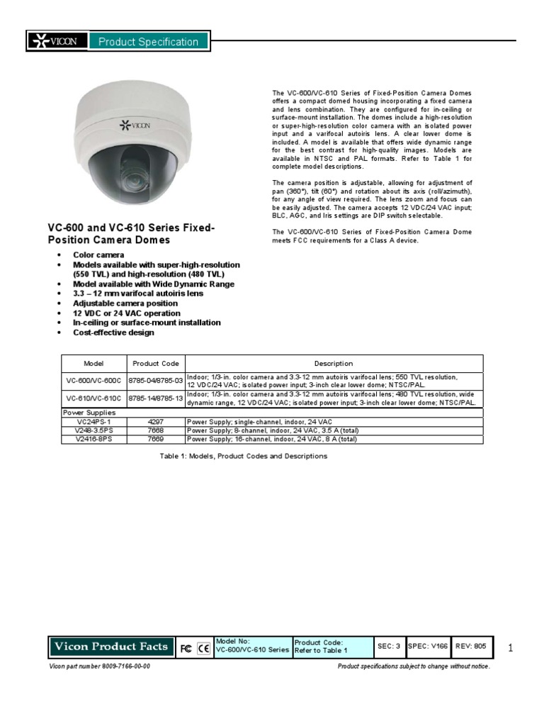 VC 600 Dome Camera | PDF | Camera | Video