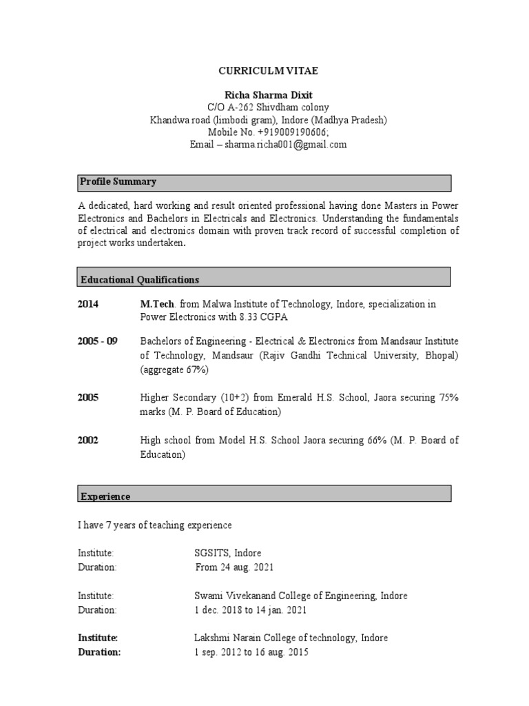 CV Richa | PDF | Electric Motor | Electricity