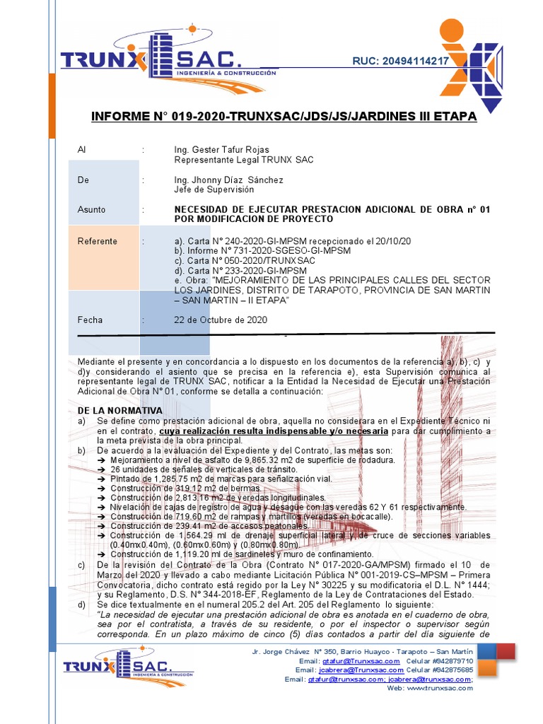 Informe de Supervision #19 Necesidad de Prestacion Adicional de Obra #01 | PDF | Economias